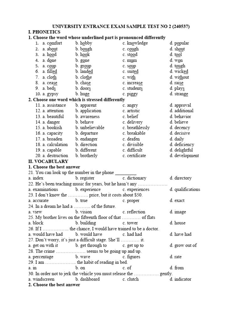 University Entrance Exam Sample Test No 2 | PDF