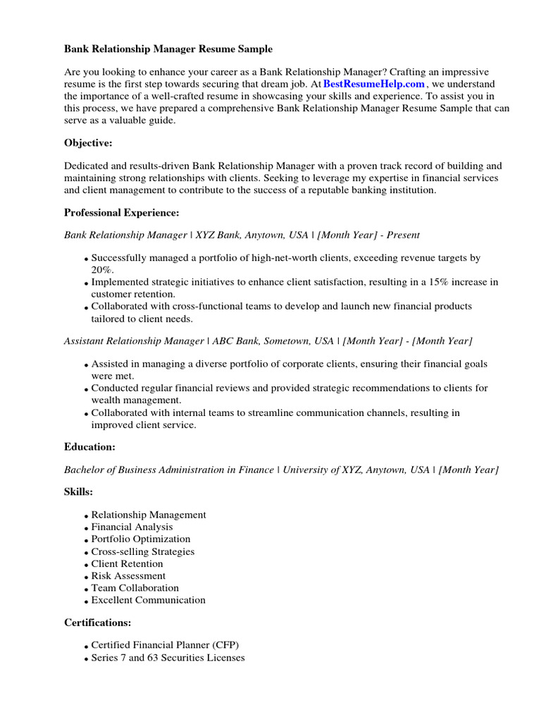 Bank Relationship Manager Resume Sample | PDF | Banks | Résumé