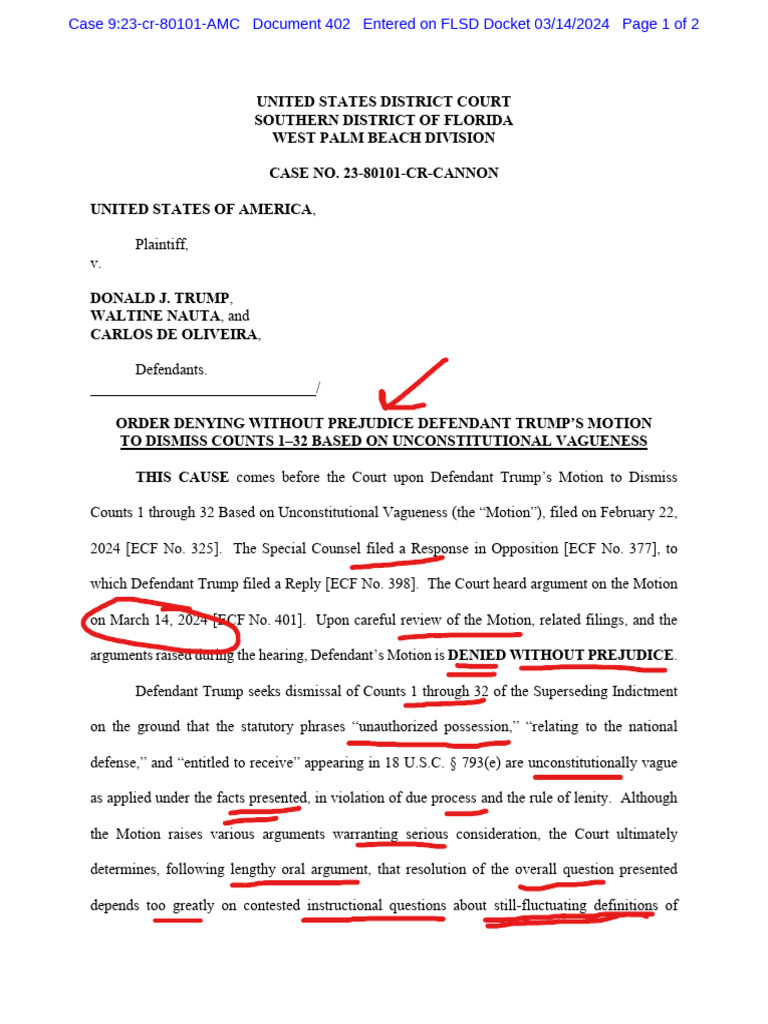 Trump Motion to Dismiss Denied in Court | PDF | Prejudice (Legal Term ...