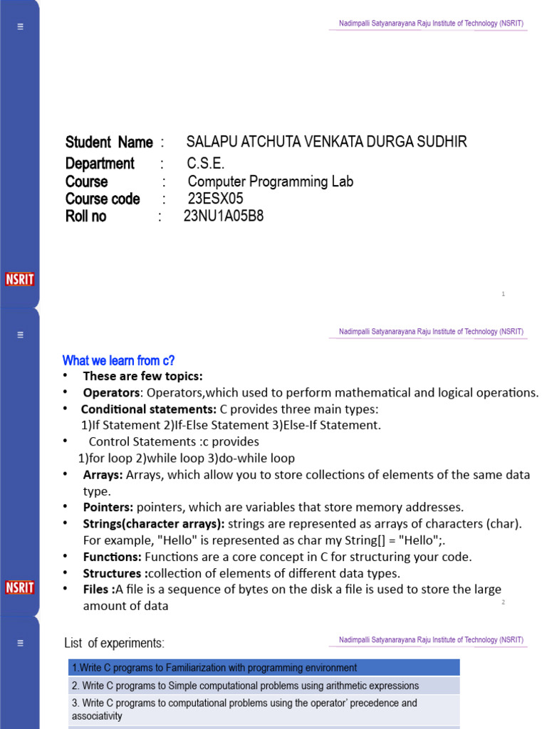 23nu1a05b8 Cp Lab Pdf C Programming Language Pointer Computer 5469