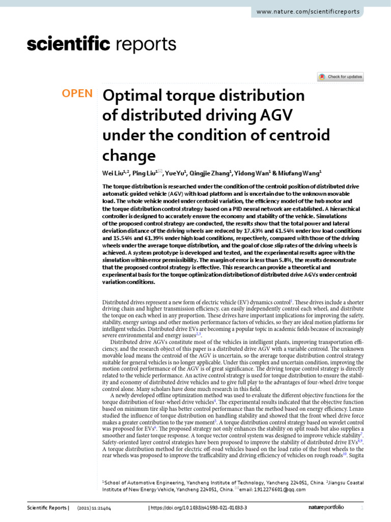 Optimal Torque Distribution of Distributed Driving AGV Under The Condition of Centroid Change ...