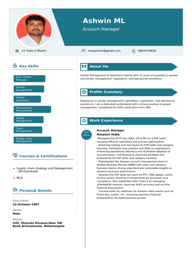 Ashwin ML - Account Manager | PDF | Business | Supply Chain Management