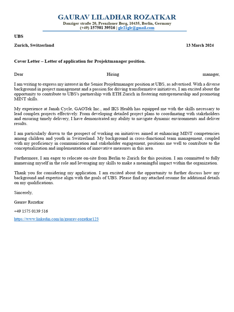 Cover Letter UBS | PDF