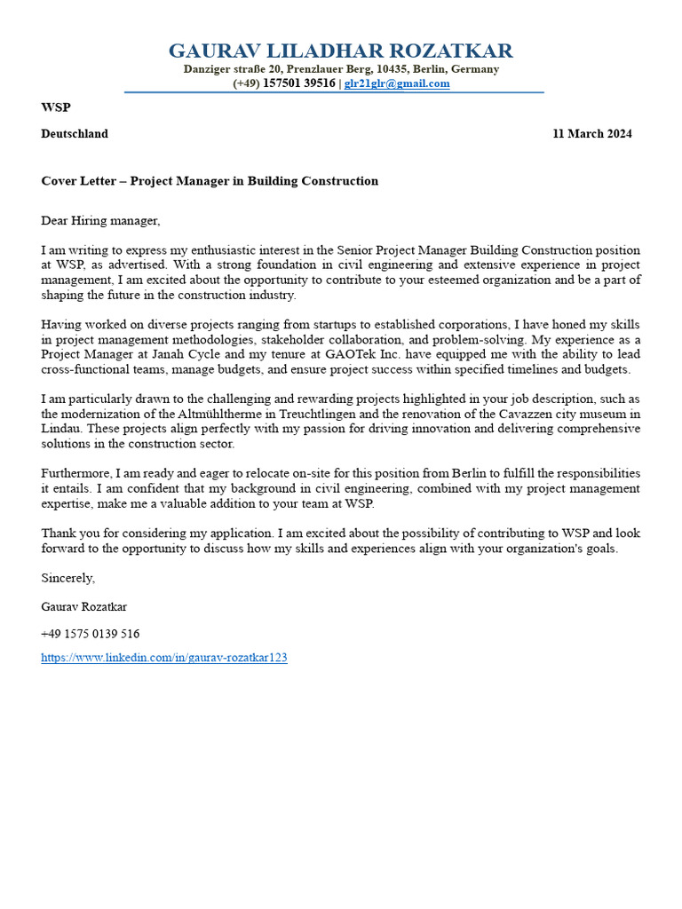 Cover Letter WSP | PDF