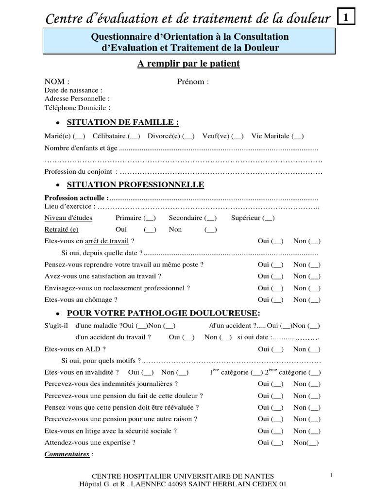 Auto-Questionnaire Douleur Adulte | PDF | Hôpital | Douleur