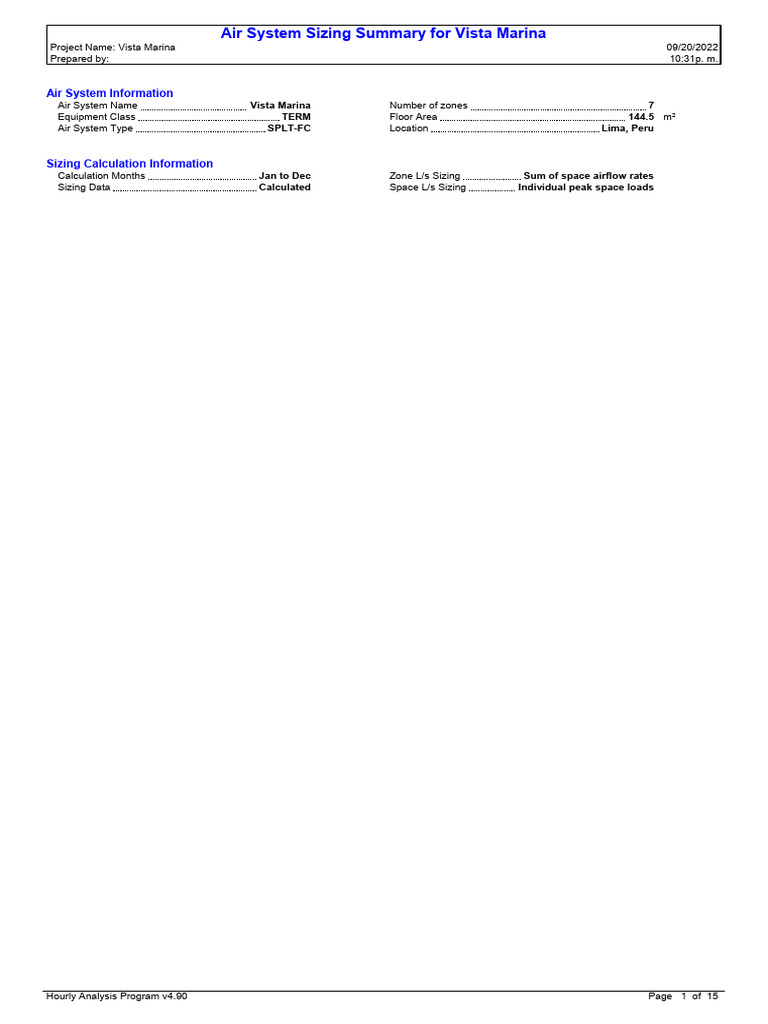 Vista Marina Air System Sizing Summary | PDF | Window | Latent Heat