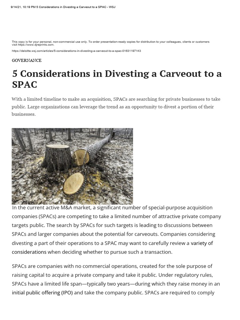 5 Considerations in Divesting A Carveout To A SPAC - WSJ | PDF | Mergers And Acquisitions | Sales