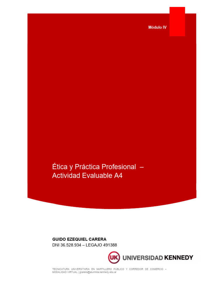 Actividad Evaluable A4 - Ética y Práctica Profesional - CARERA Guido - Legajo 491388 | PDF