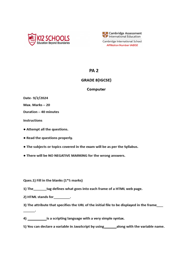 Grade 8 Igcse PA 2 Computer Paper | PDF