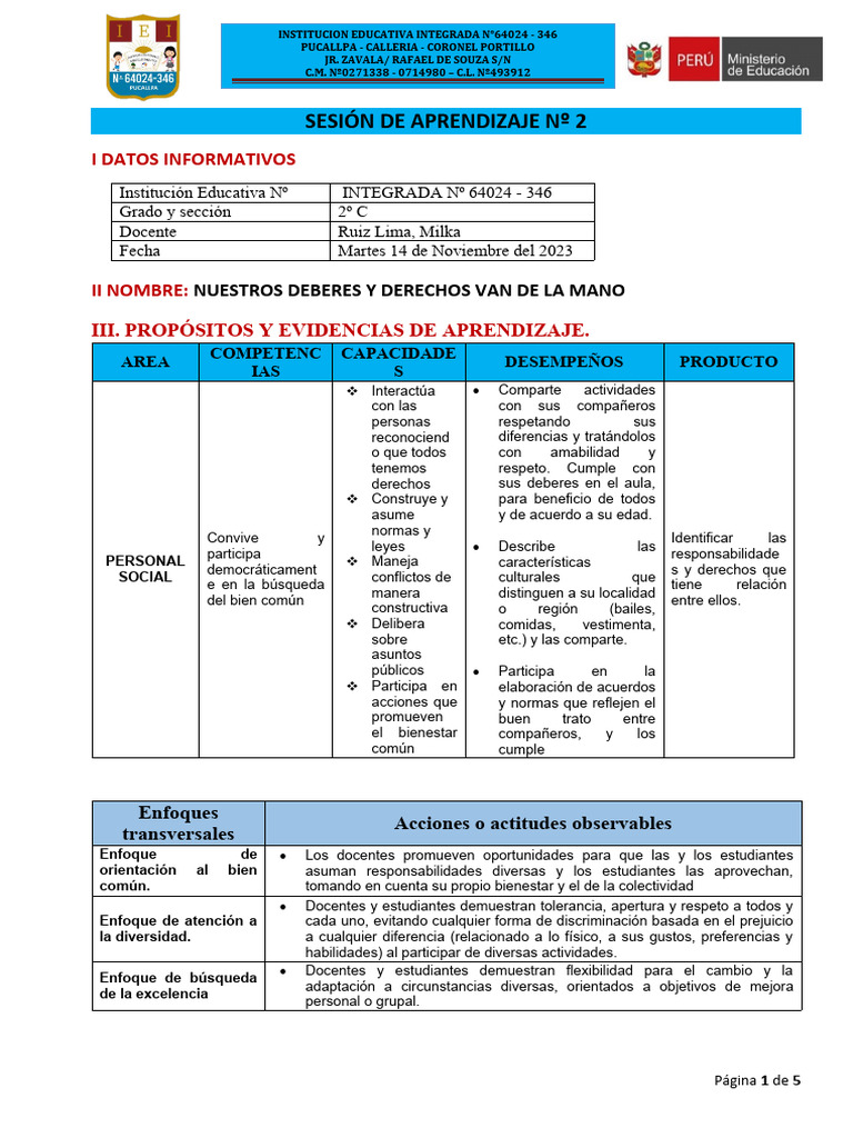 SESIÓN DE APRENDIZAJE NUEVO ESQUEMA Nº 2 | PDF | Maestros | Aprendizaje
