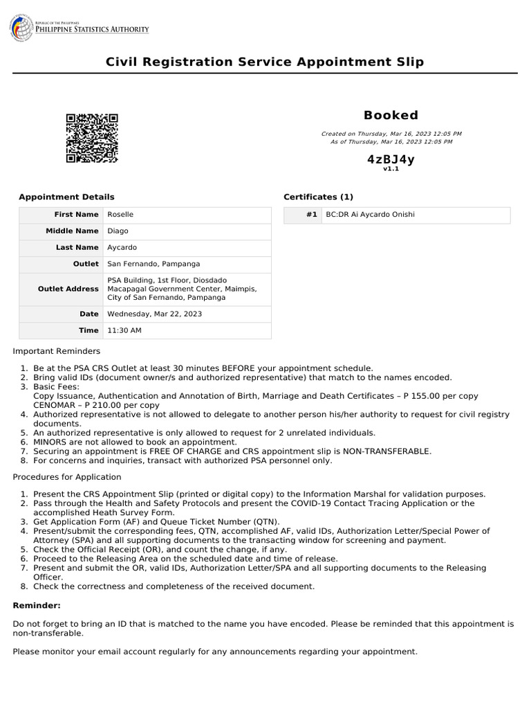 Civil Registration Service Appointment Slip | PDF
