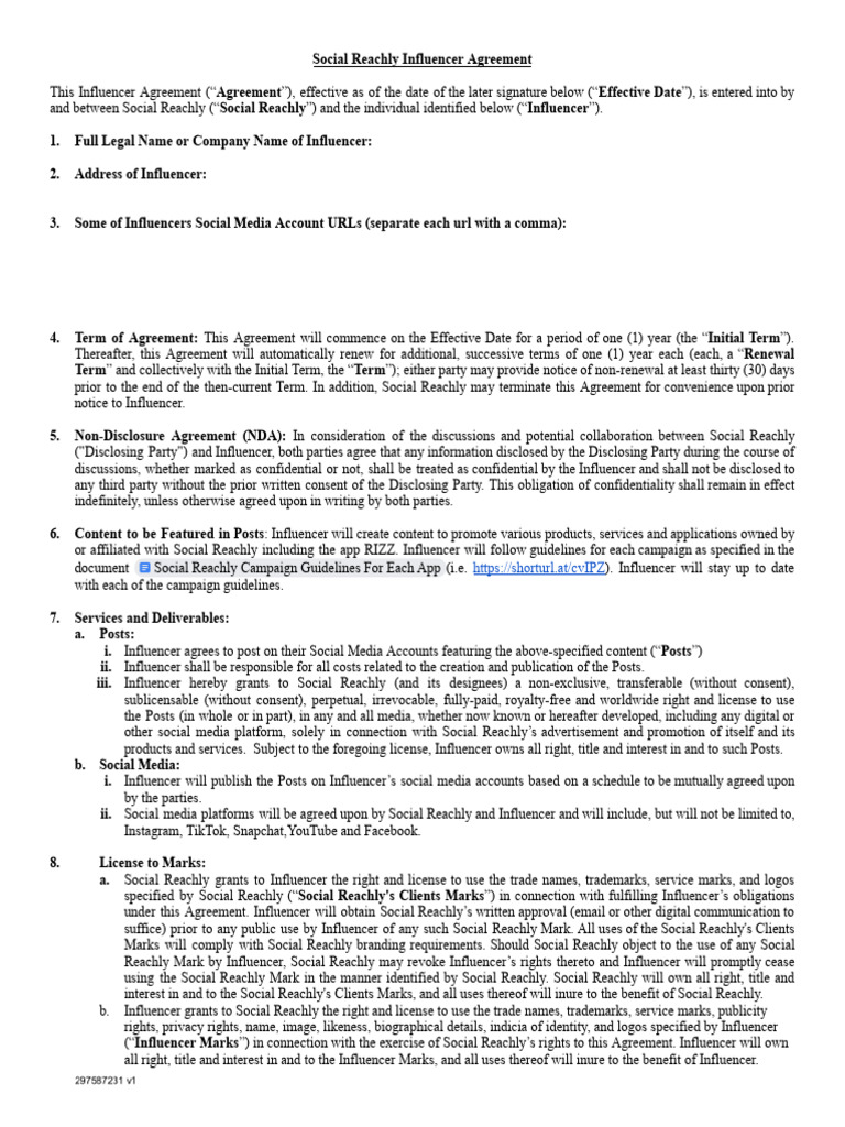 Influencer Agreement Docx Pdf Indemnity Breach Of Contract