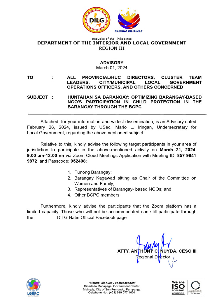 Advisory - Huntahan Sa Barangay BCPC NBOO | PDF