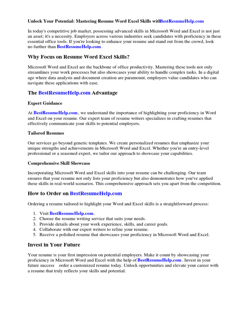Resume Word Excel Skills | Download Free PDF | Microsoft Excel | Résumé