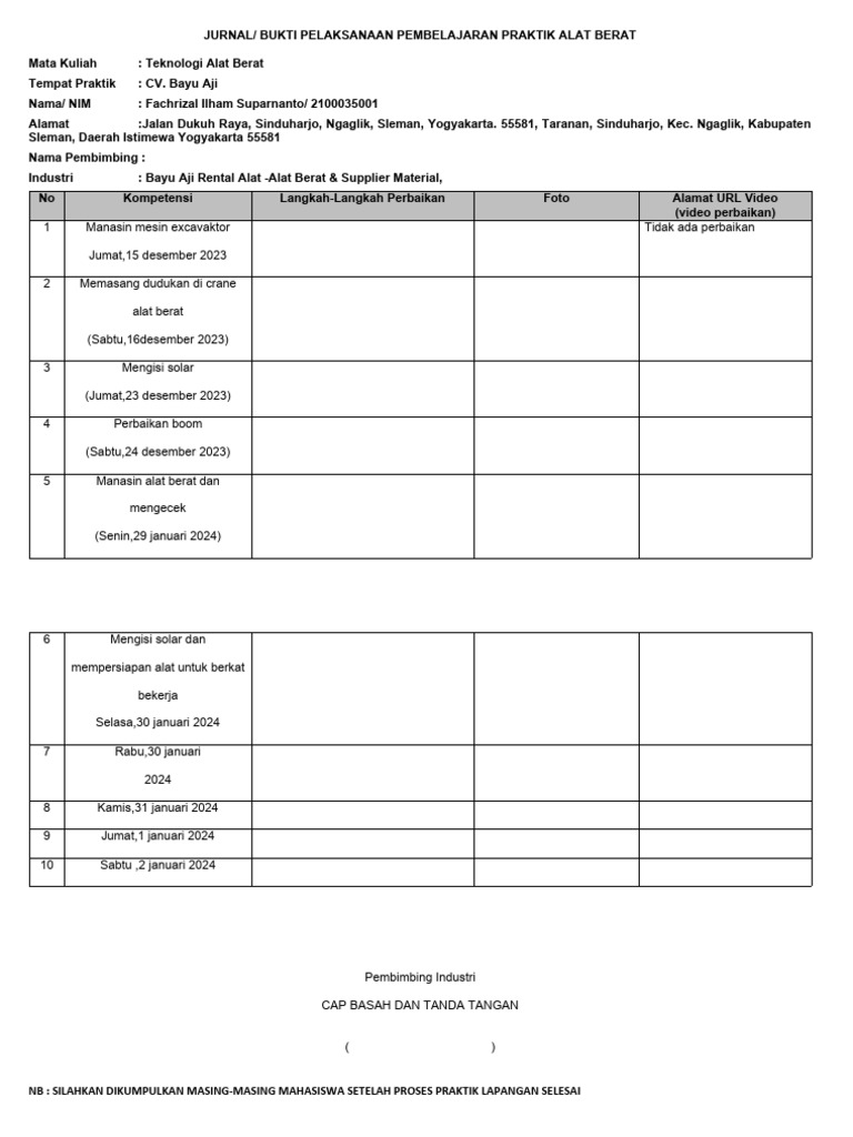 Jurnal Kegiatan Alat Berat | PDF