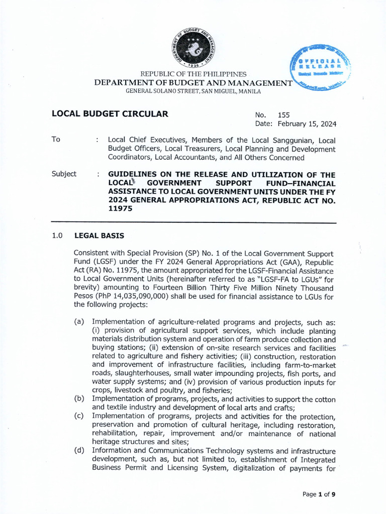 Local Budget Circular No 155 Dated February 15 2024 | PDF