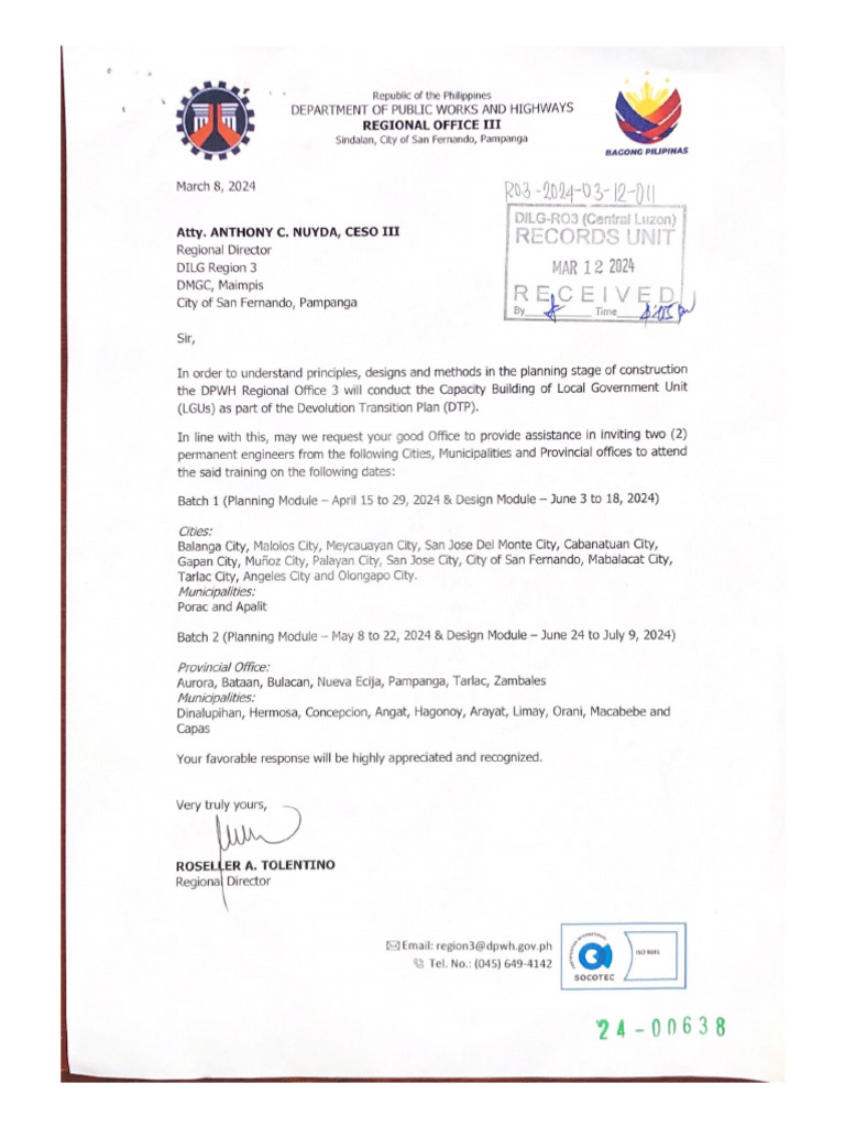Letter of Dir. Tolentino (RD DPWH R3 CapDev DTP) | PDF
