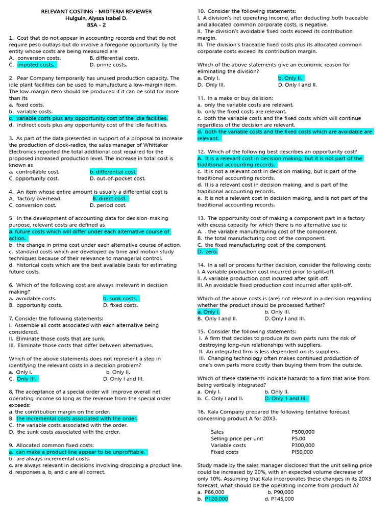 Relevant Costing Reviewer | PDF | Cost | Decision Making