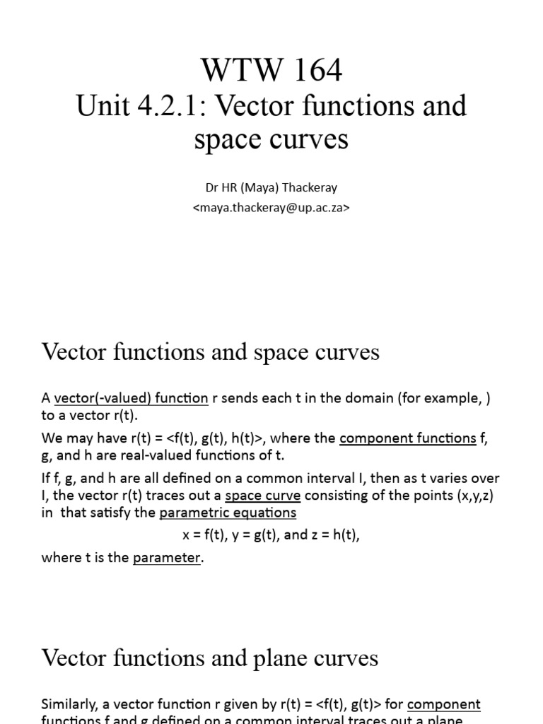 Unit 4 Pt 2 Pt 1 Vector Functions Space Curves Pdf Function Mathematics Curve