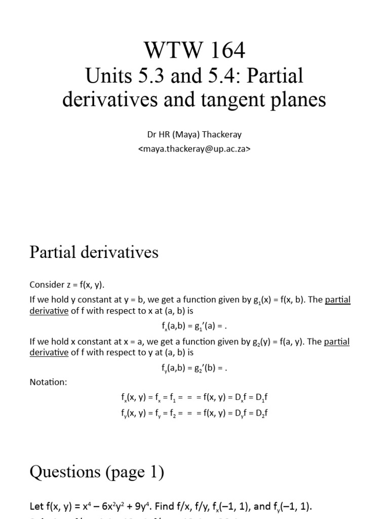 Unit 5 PT 3 To 4 Partial Derivatives Tangent Planes | PDF | Tangent | Derivative