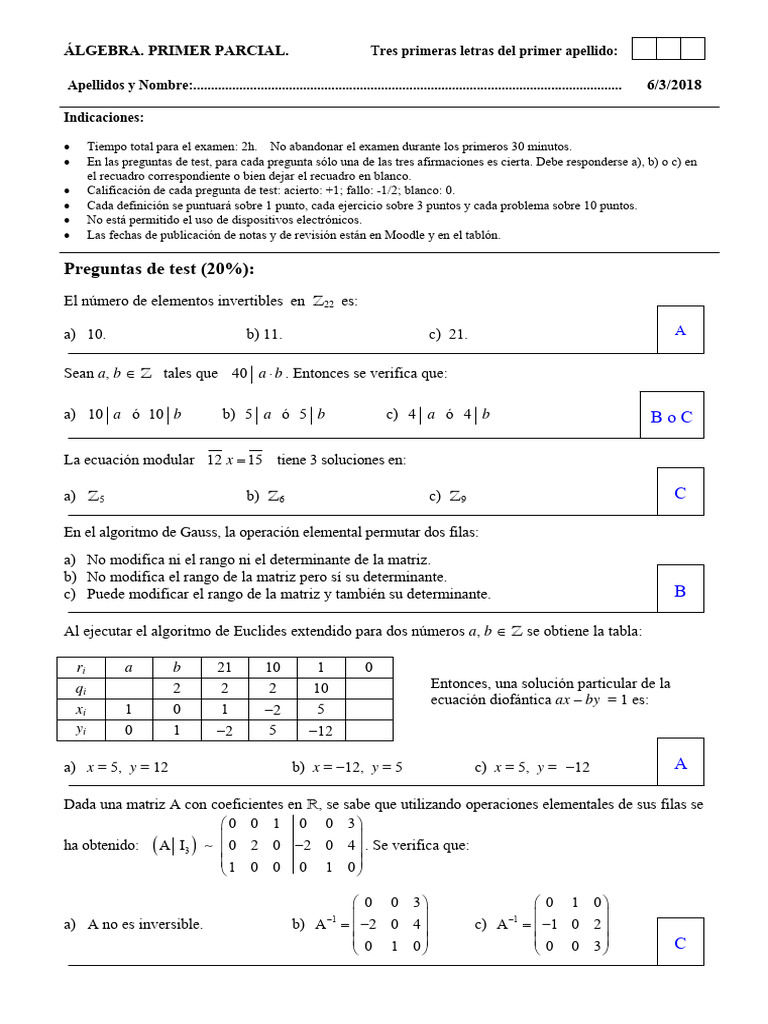 Examen de Álgebra: Primer Parcial | PDF | Determinante | Matriz (Matemáticas)
