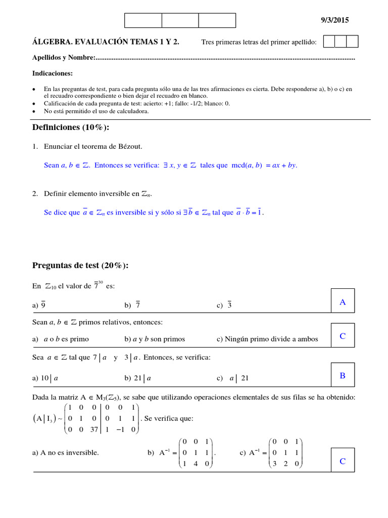 Algebra1415 Parcial - 1 TEMAS - 1y2 SOLUCIONES | PDF | Ecuaciones | Matemáticas discretas