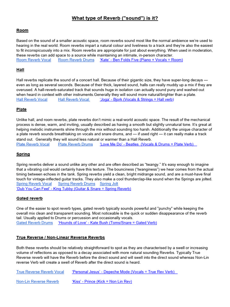 Reverb Types for Audio Mixing | PDF | Singing | Sound
