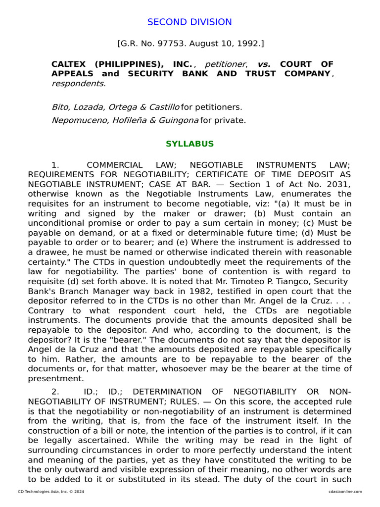 7 Caltex Philippines Inc. v. Court of Appeals | PDF | Negotiable Instrument | Bearer Instrument