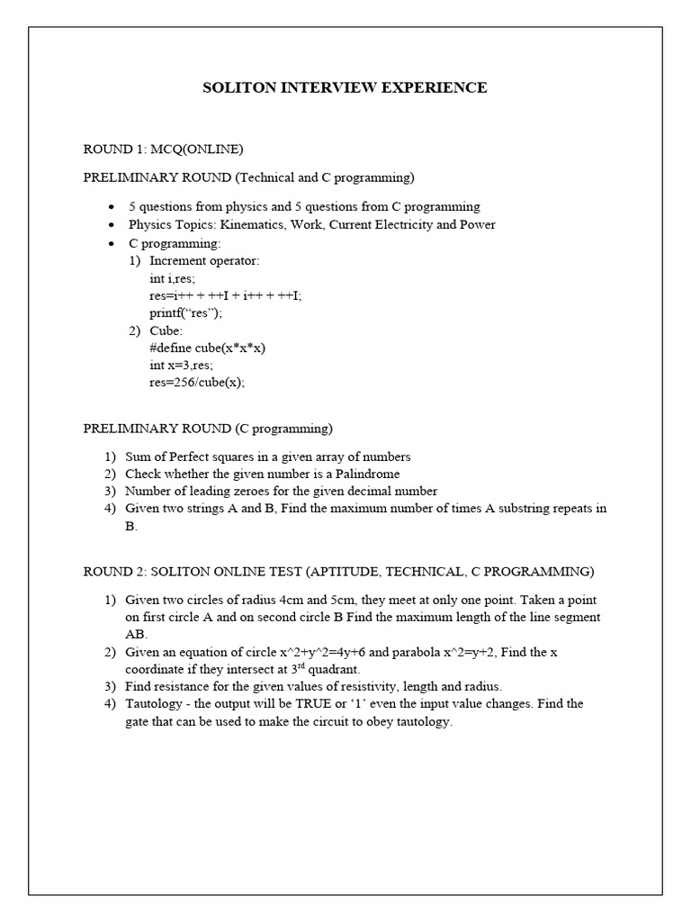 Kavyasri - Soliton Interview Experience | PDF | Numbers | Computer Programming