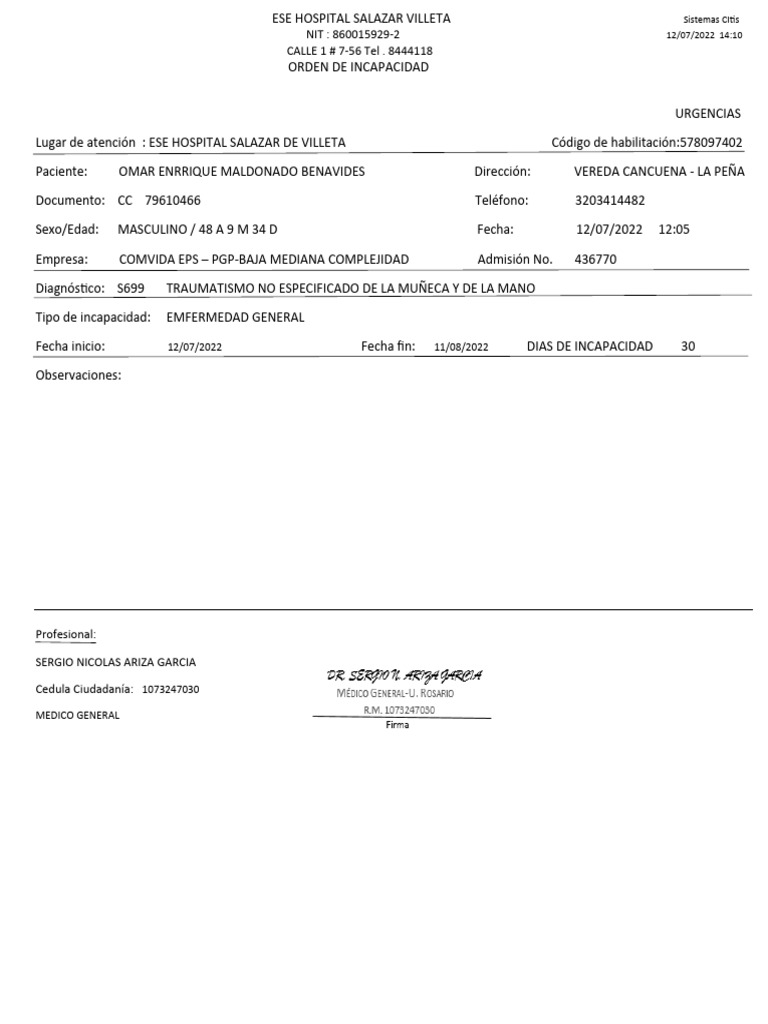 Formato Incapacidad Hospital Villeta | PDF