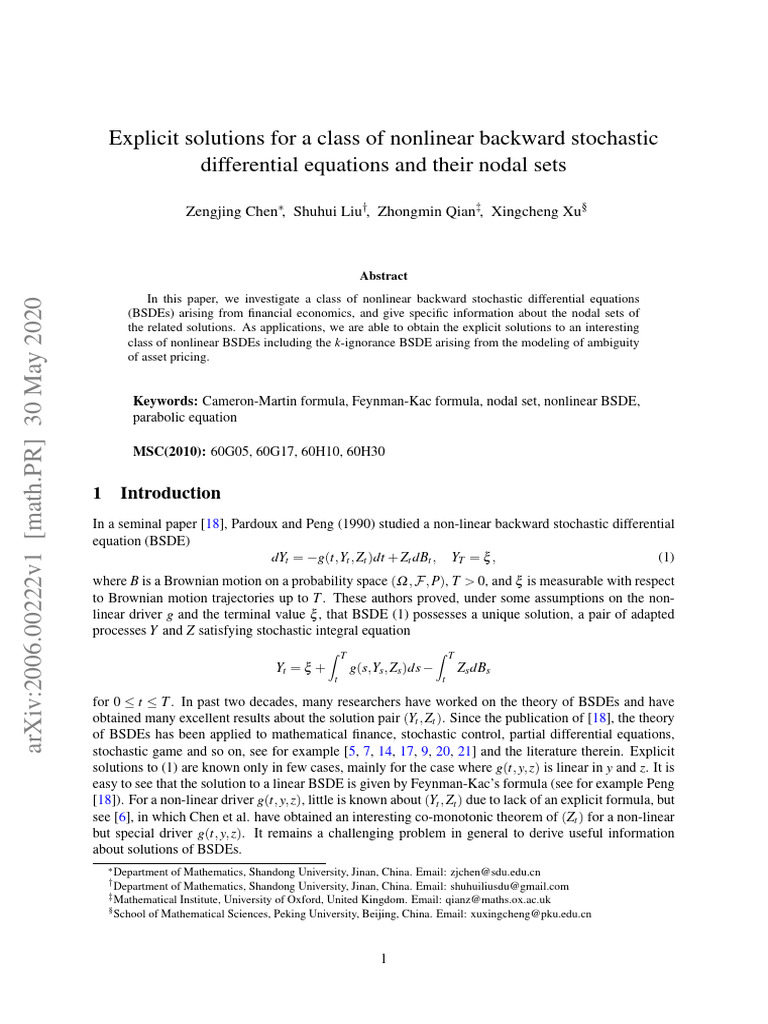 Explicit Solutions For A Class of Nonlinear Backward Stochastic Differential Equations and Their ...