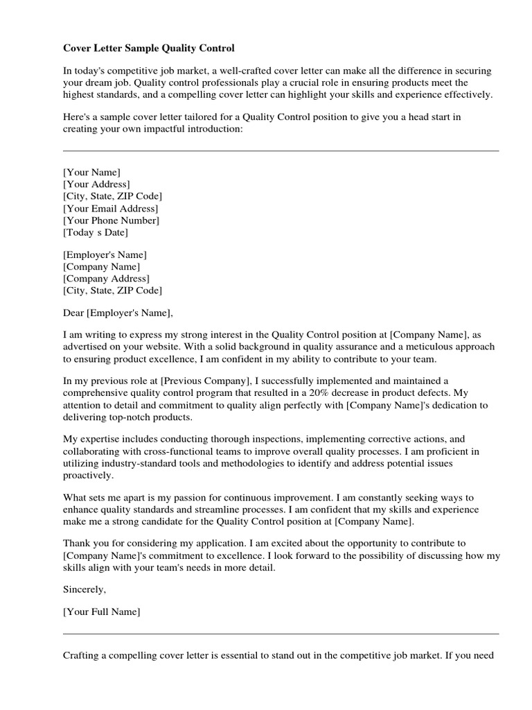 Cover Letter Sample Quality Control | PDF | Quality Assurance | Experience