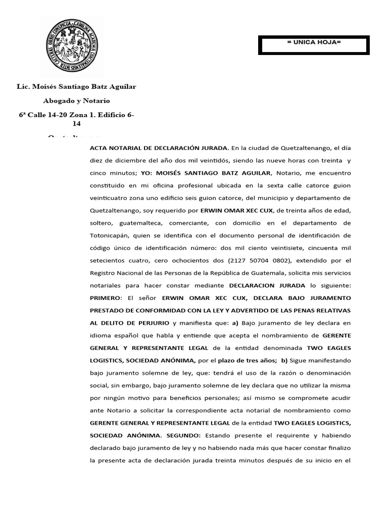 Declaracion Jurada ERWIN OMAR XEC CUX | PDF | Derecho