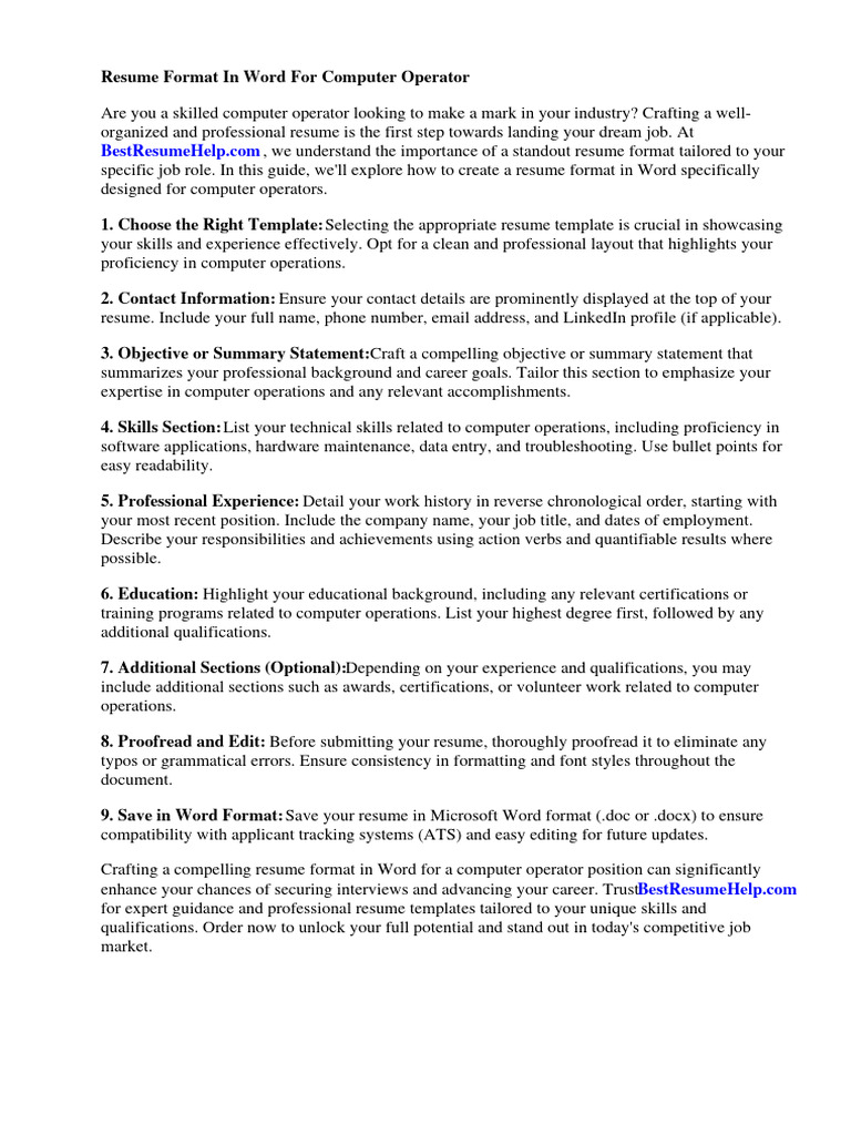 Resume Format in Word For Computer Operator | PDF | Résumé | Operating ...