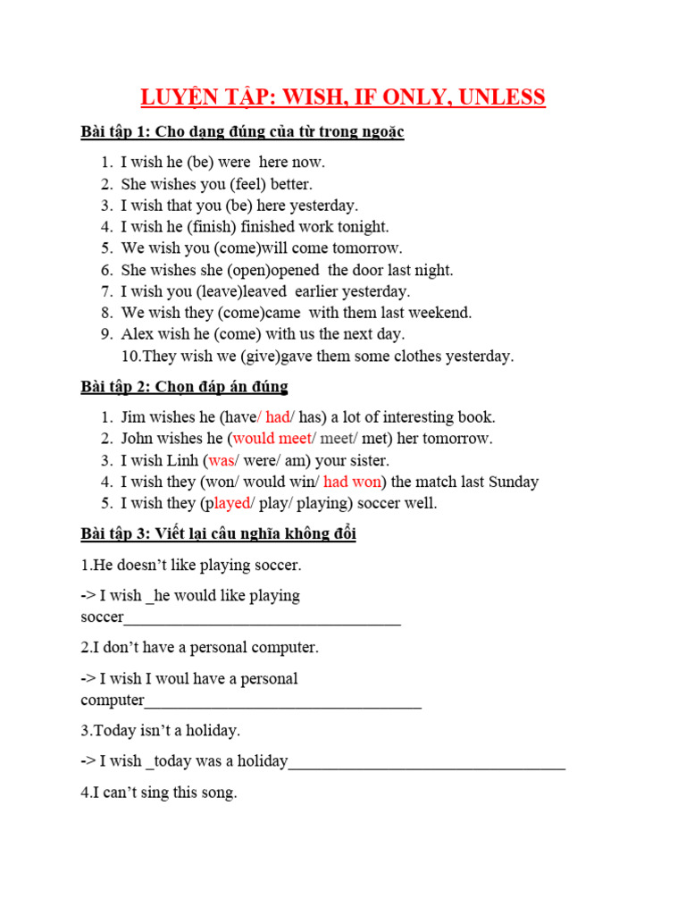 English Grammar Exercises: Wish, If Only, Unless | PDF | Language Arts ...