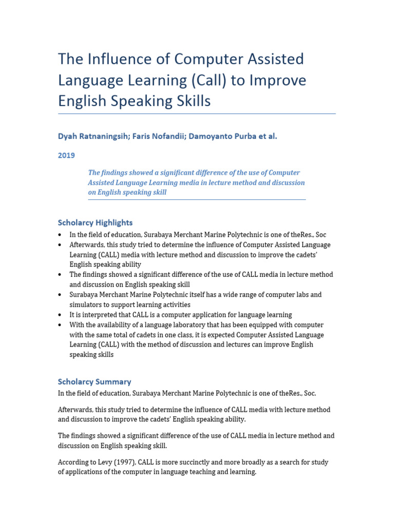 The Influence of Computer Assisted Language Learning Call To Improve ...