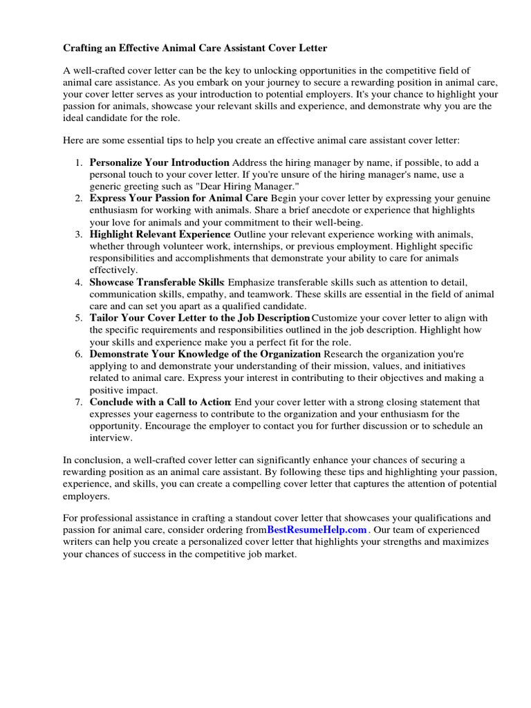 Animal Care Assistant Cover Letter | PDF | Résumé | Veterinary Medicine