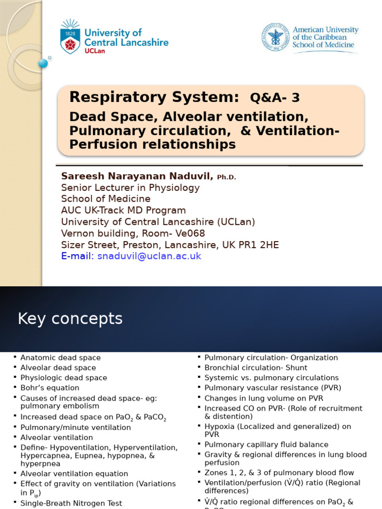 3. Q&A. Physiology. Dead Space, Alveolar Ventilation, Pulmonary ...