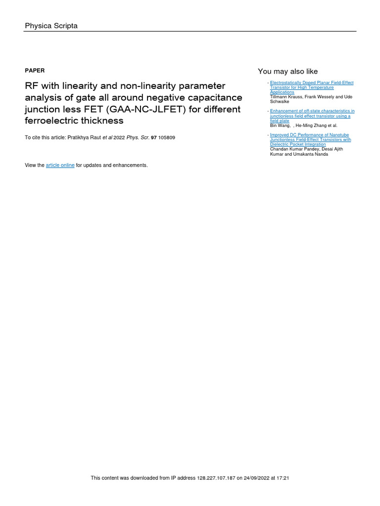 Raut 2022 Phys. Scr. 97 105809 | PDF | Mosfet | Field Effect Transistor