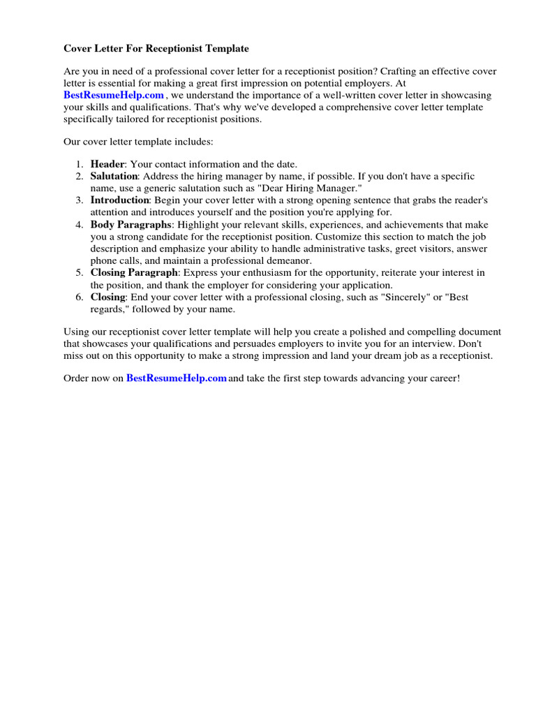 Cover Letter for Receptionist Template | PDF | Experience | Expert