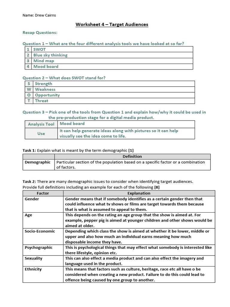 Unit 2 - Lo2 Worksheet 4 - Target Audience | PDF | Target Audience | Swot Analysis