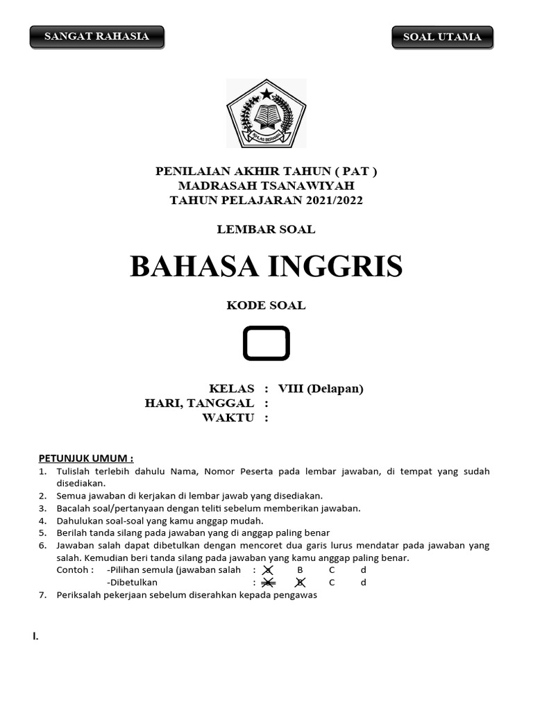 Soal Pat Bahasa Inggris Kelas 8 2021-2022 | PDF