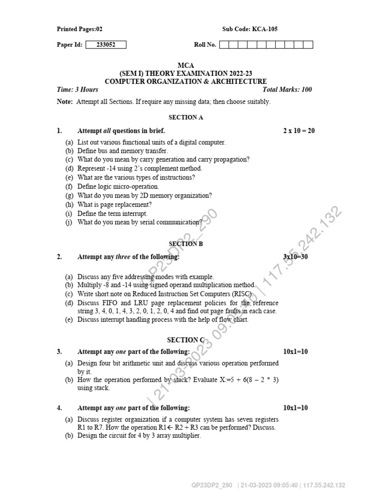 Mca 1 Sem Computer Organization Architecture Kca 105 2023 | PDF ...