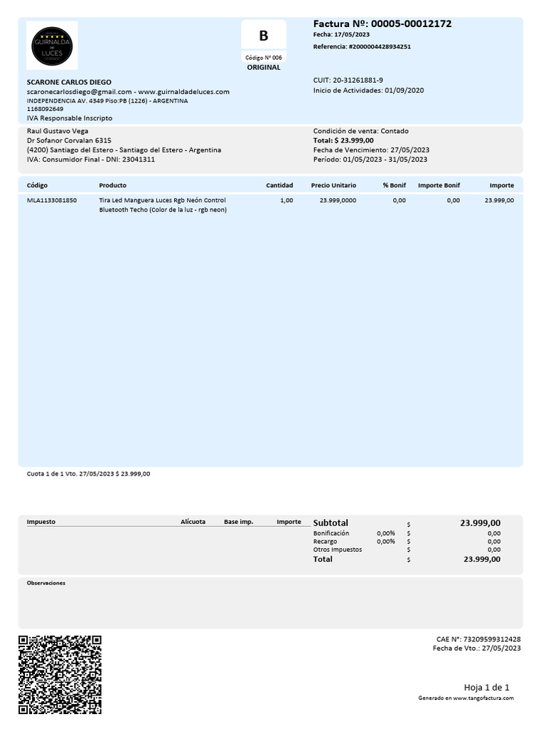 Factura Nº: 00005-00012172: Scarone Carlos Diego Original | PDF