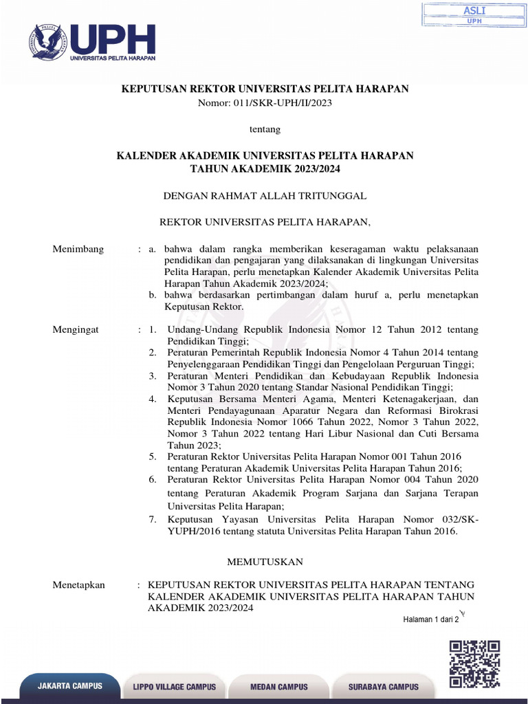 011 SKR-UPH II 2023 Kalender Akademik UPH T.A. 2023-2024 | PDF