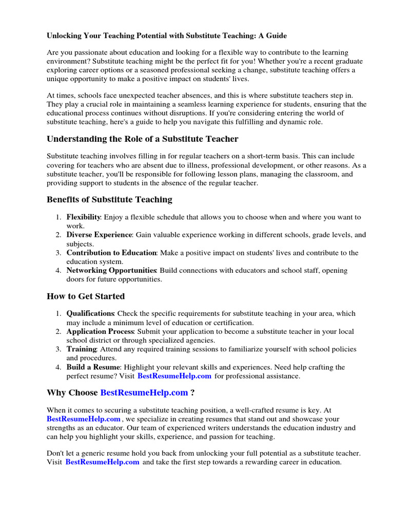 Substitute Teacher Cover Letter | PDF | Teachers | Résumé