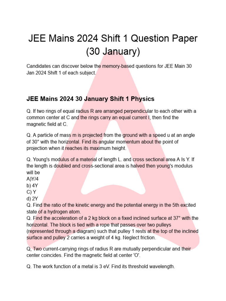 JEE-Mains-2024-Shift-1-Question-Paper-30-January | PDF | Momentum | Mass