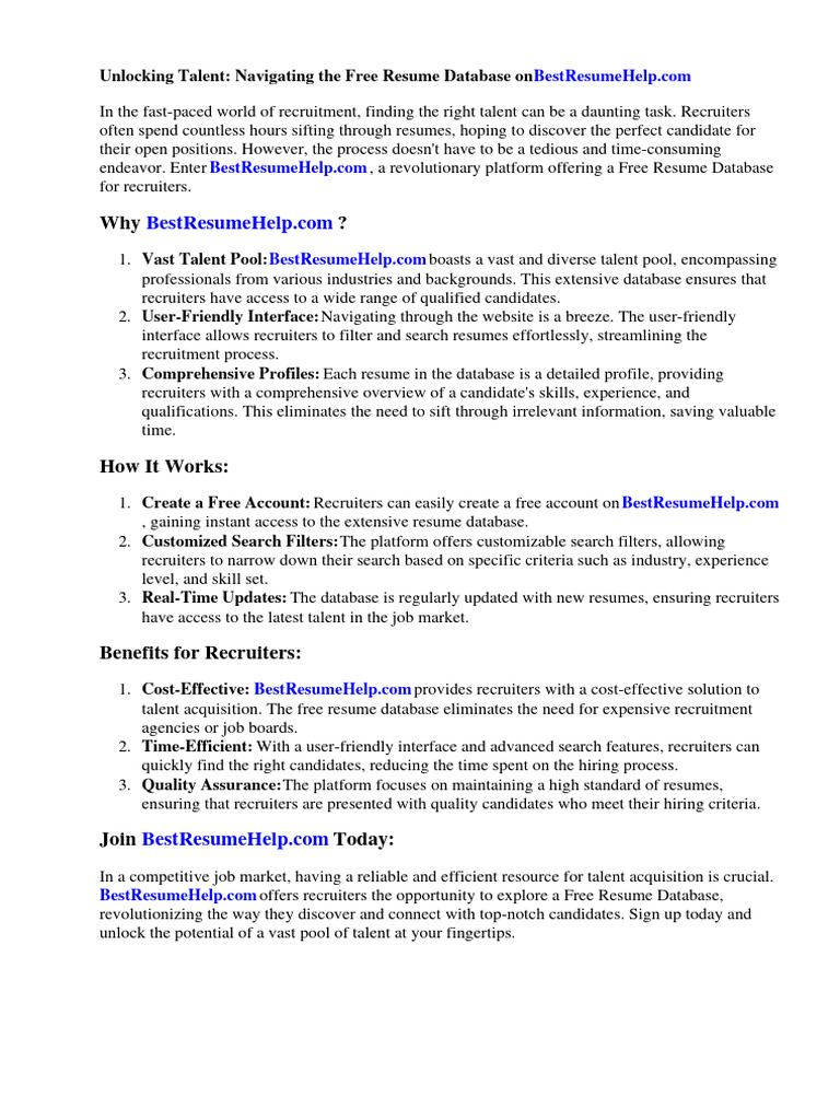 Free Resume Database For Recruiters | Download Free PDF | Recruitment ...