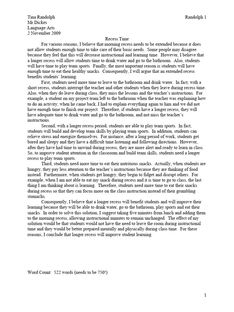 Persuasive Essay Sample Recess Time | PDF | Teachers | Human Communication