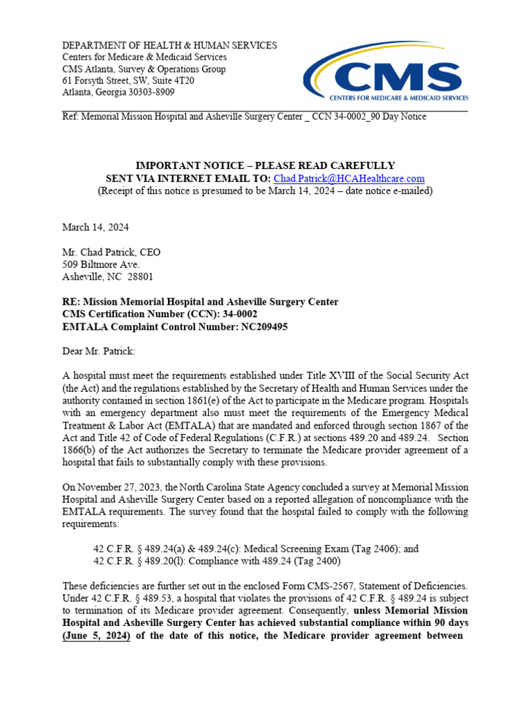 NC209495 - 90 Day Notice | PDF | Medicare (United States) | Hospital